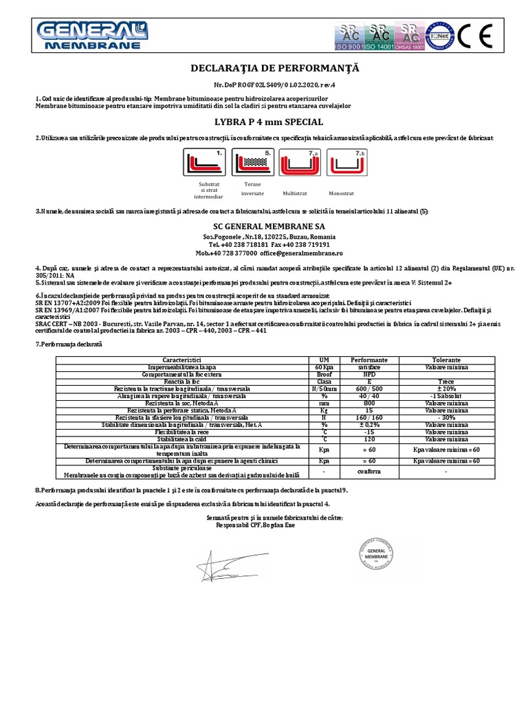 Declaratie de Performanta Lybra P 4 MM Special | PDF