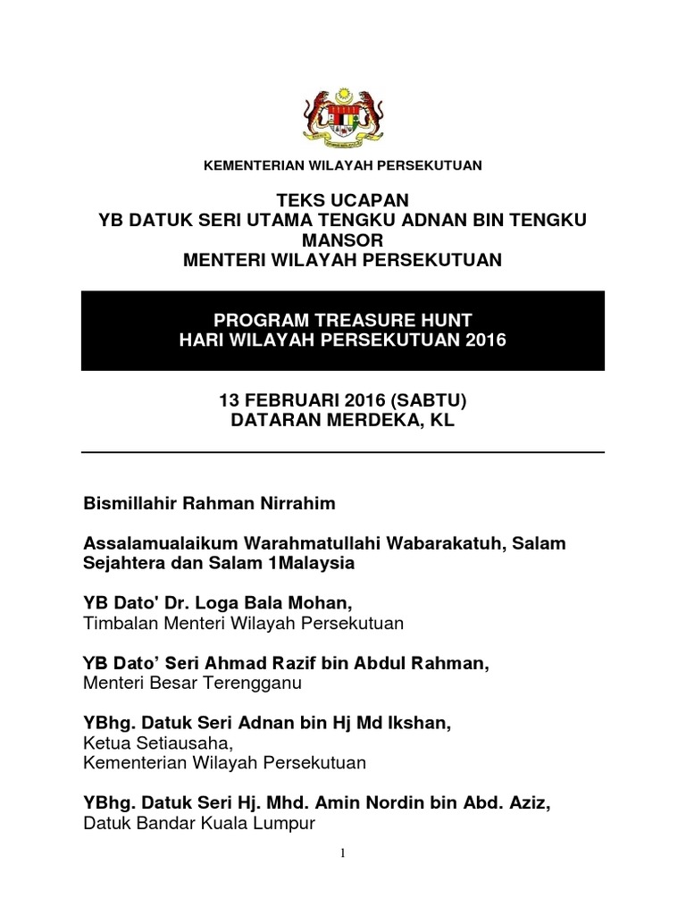 Teks Ucapan YBM - 13 FEB 2016 - Treasure Hunt WP 2016 | PDF