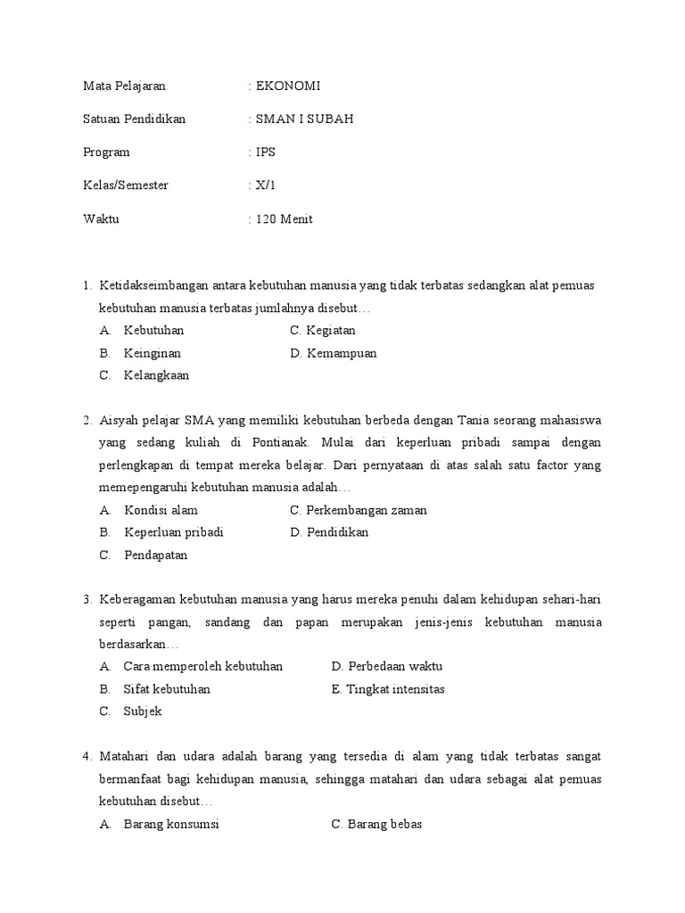 Soal Ekonomi Kelas 10 | PDF