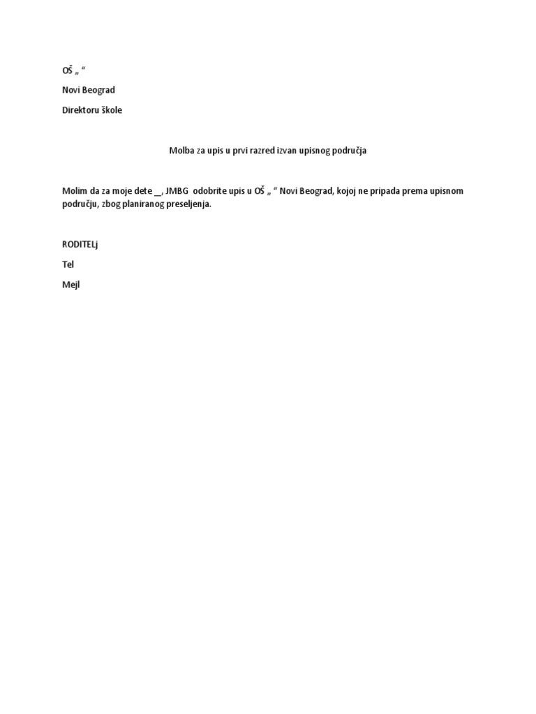 Molba Za Upis Van Teritorijalne Pripadnosti Skoli | PDF