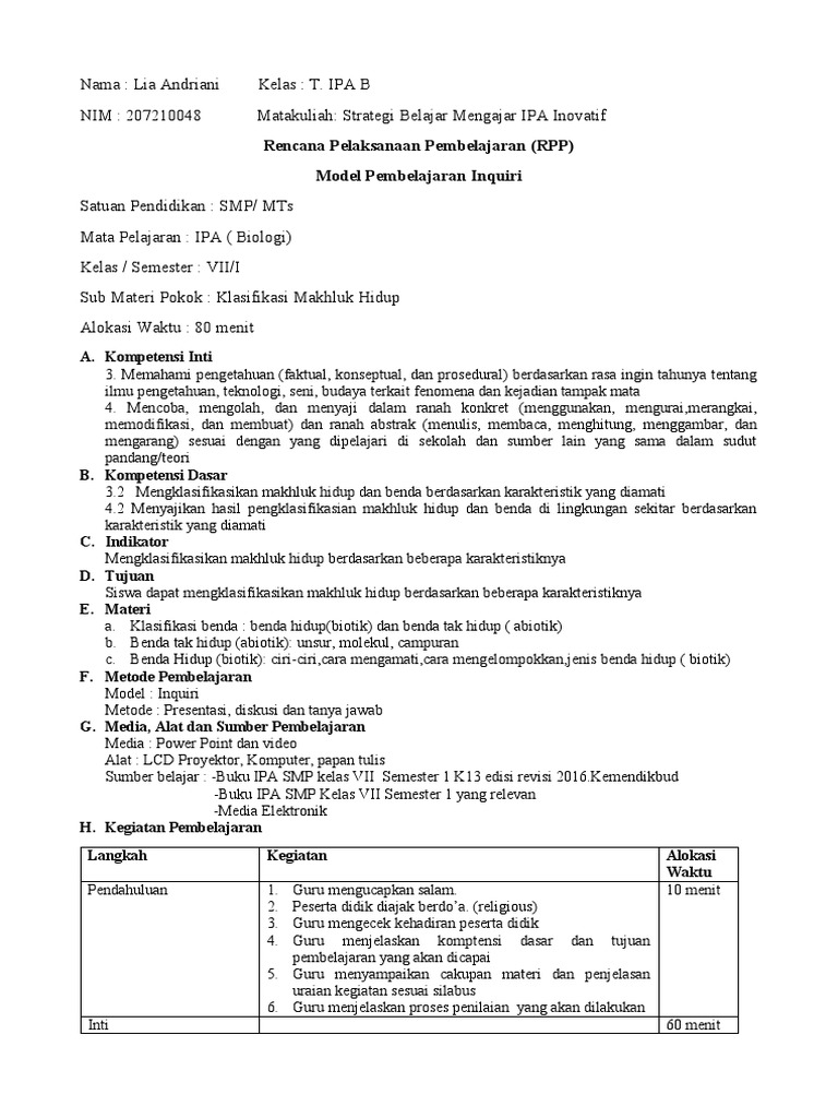 RPP Pembelajaran Inquiri | PDF