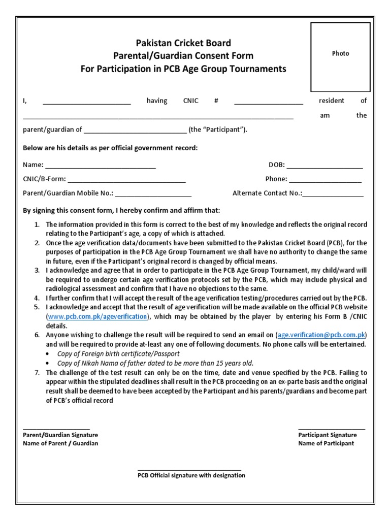 Consent Form For PCB Age Group Tournaments | PDF | Consent