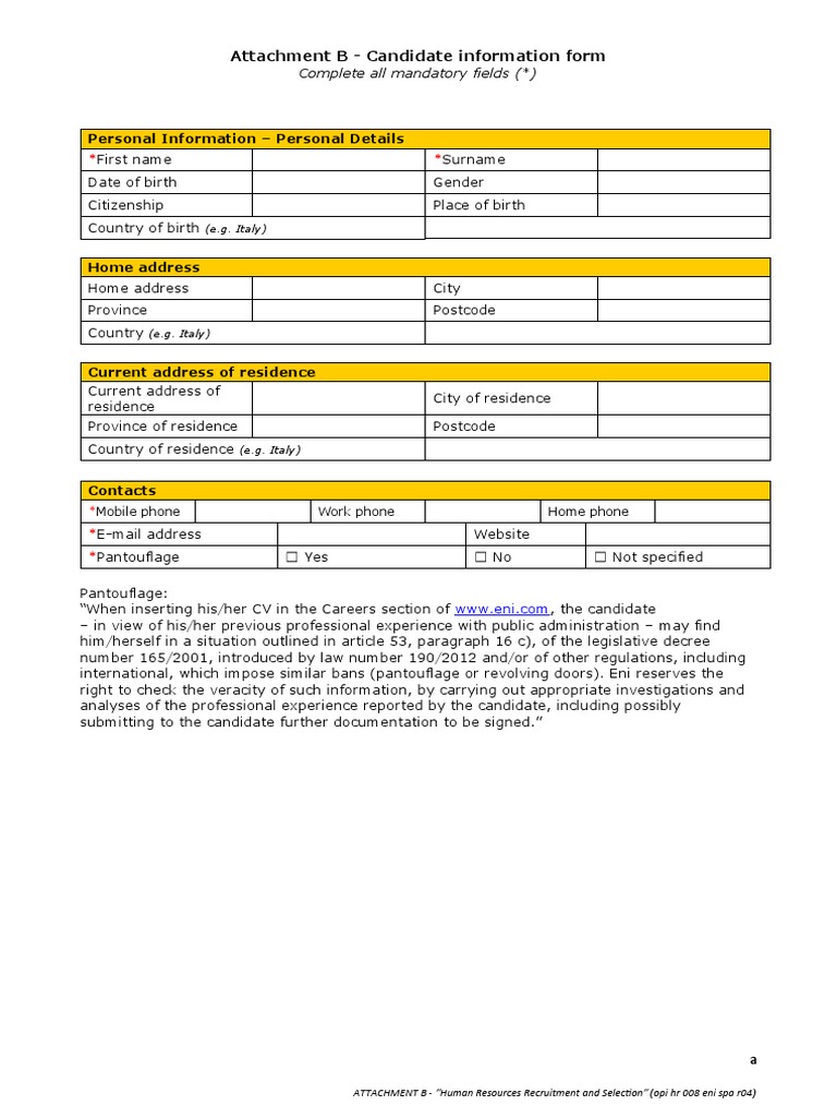 Personal Information - Personal Details: Attachment B - Candidate Information Form | PDF