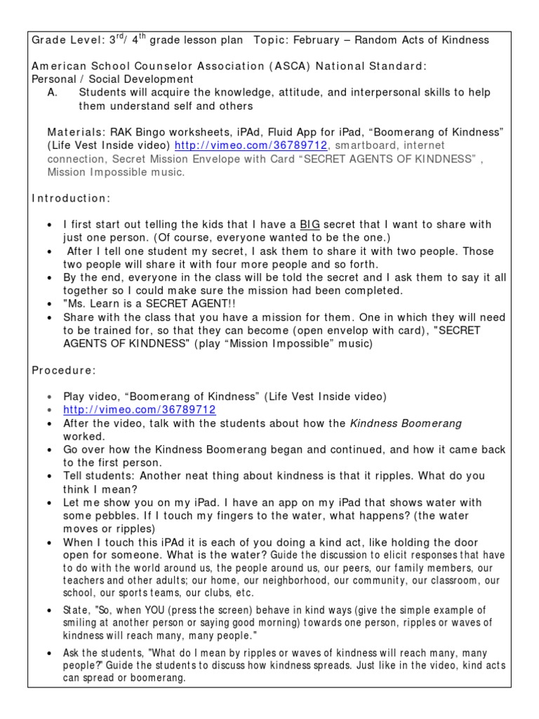 KINDNESS Lesson Plan | Download Free PDF | Psychological Concepts ...