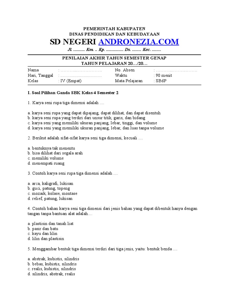 Soal PAT SBDP Kelas 4 - 1 | PDF | Seni