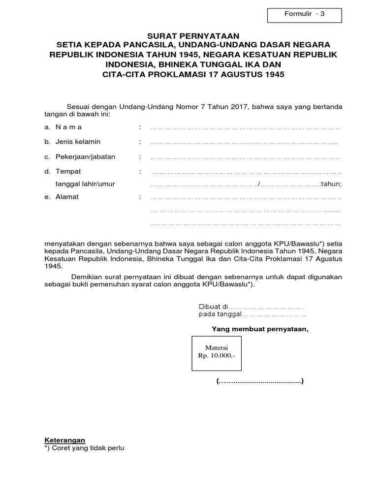 Formulir 3 Surat Pernyataan Setia Kepada Pancasila Pdf 