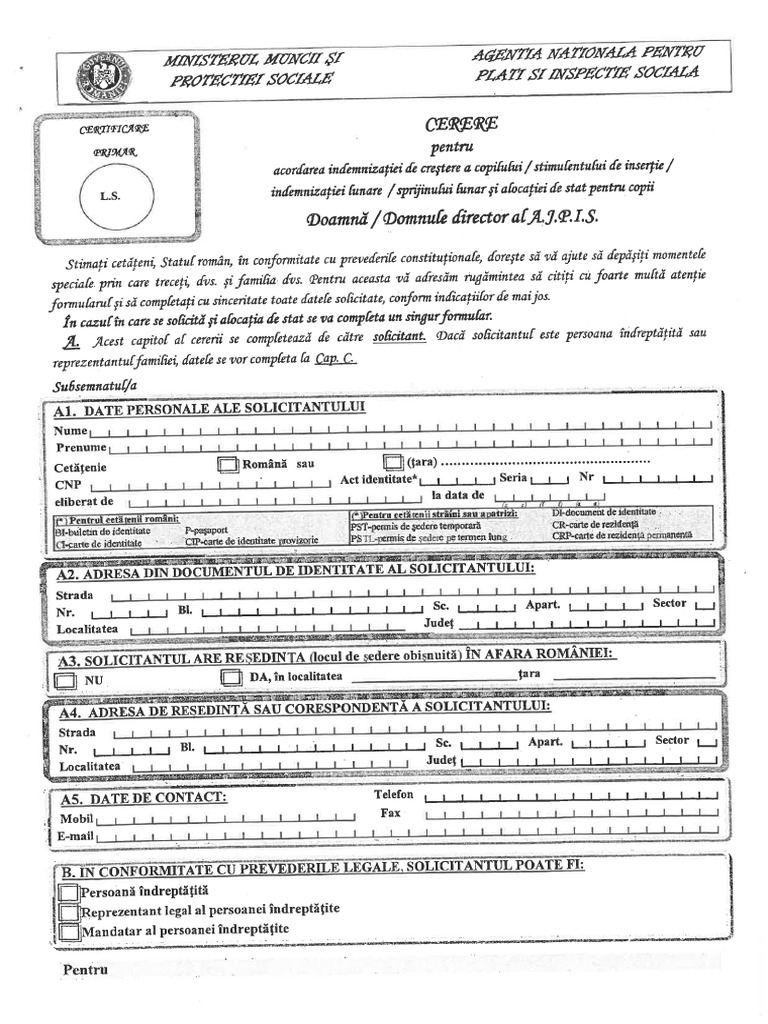 Cerere PT Acordarea Alocatiei de Stat Pentru Copii | PDF