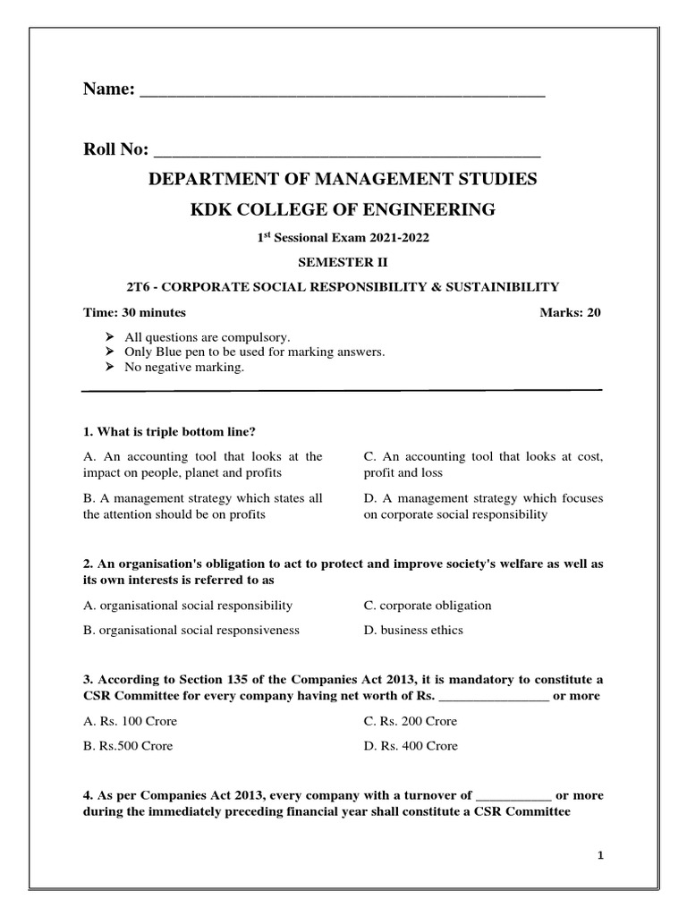 Csrs Mcq Paper s2 | PDF | Corporate Social Responsibility | Sustainability