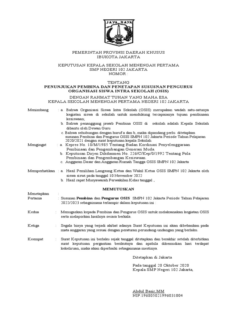 SK Pengangkatan Osis Dan MPK 2022 | PDF