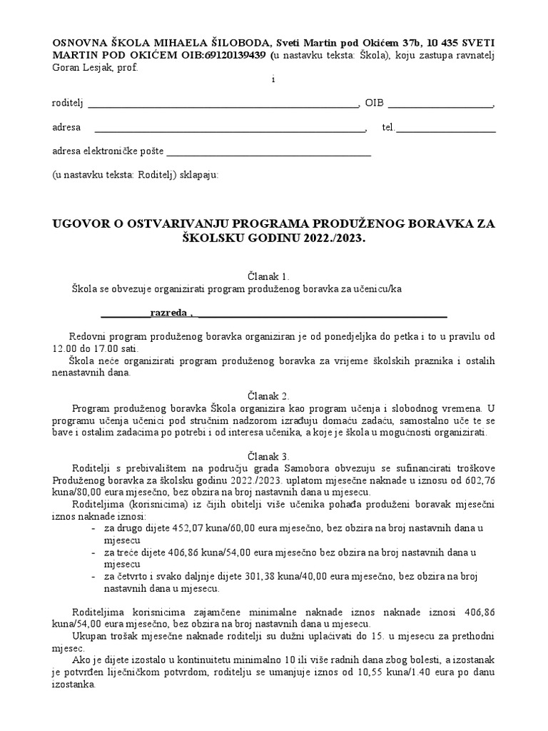 Ugovor Za Produženi Boravak 2022-2023 E-Mail Prazan | PDF