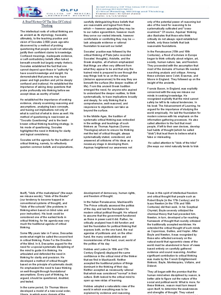 History of Critical Thinking Ideas | PDF