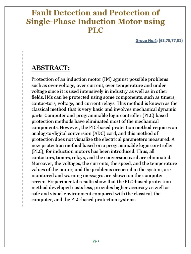 Abstract Group No 4 Fault Detection And Protection Of Single Phase Induction Motor Using Plc Pdf