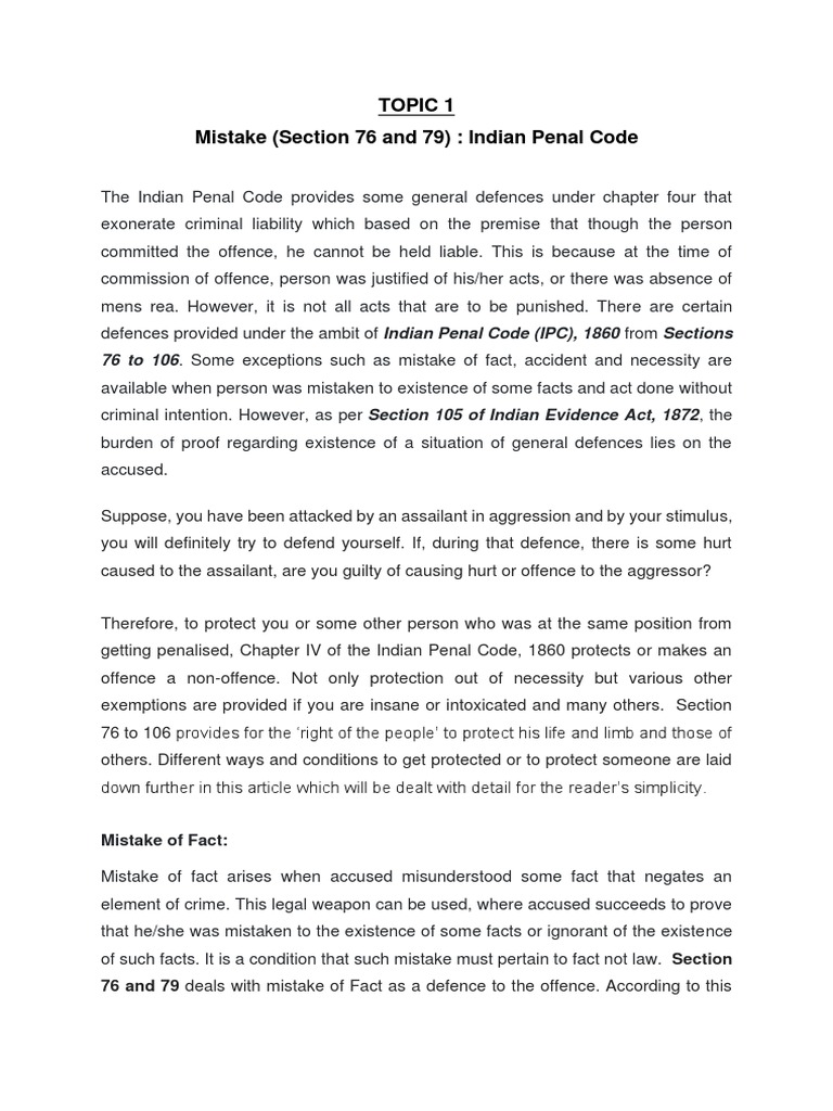 Section 76 and 79 of IPC | PDF | Mens Rea | Criminal Law