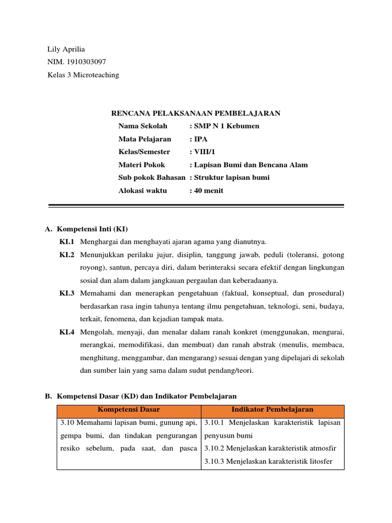 Lily Aprilia - 1910303097 - RPP Microteaching-Kelas 3 | PDF