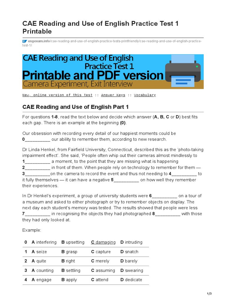 Engexam - info-CAE Reading and Use of English Practice Test 1 Printable ...