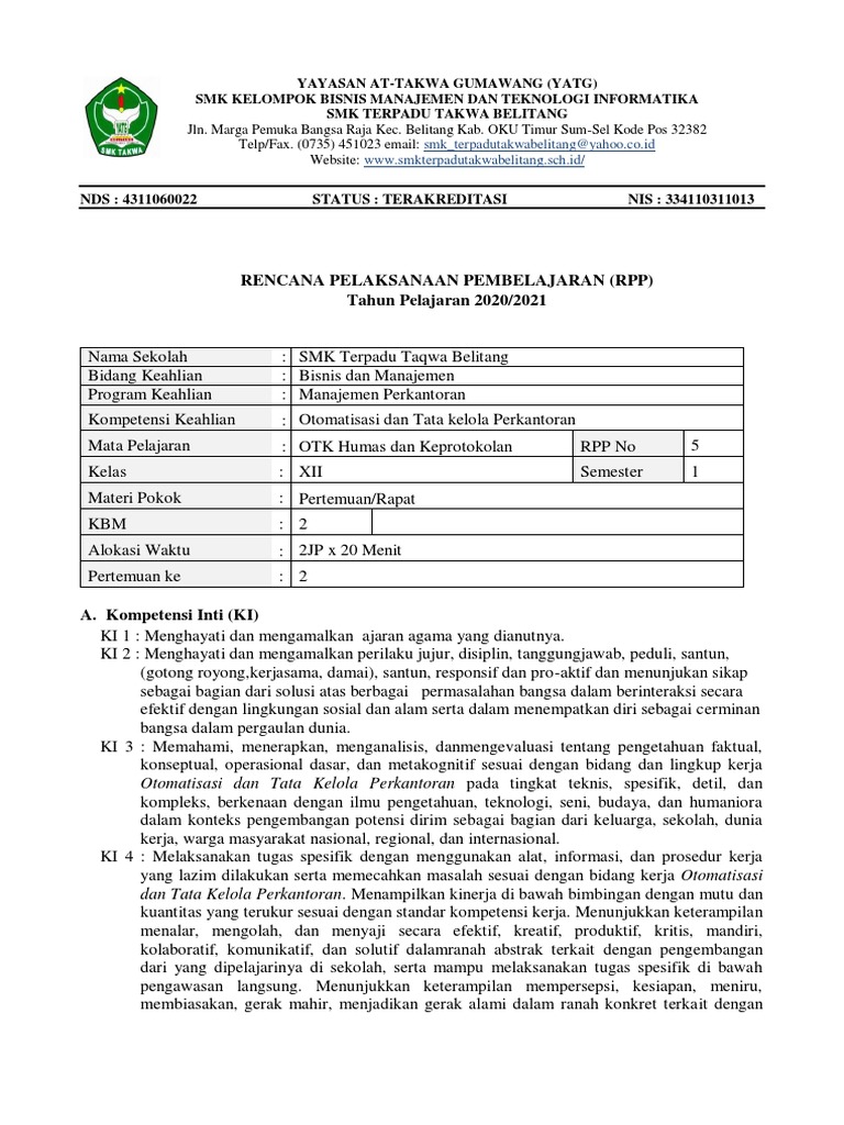 RPP 3.15 Menerapkan Penyelenggaraan Rapat - OTK Humas Dan Keprotokolan XII - Winda Feronita | PDF