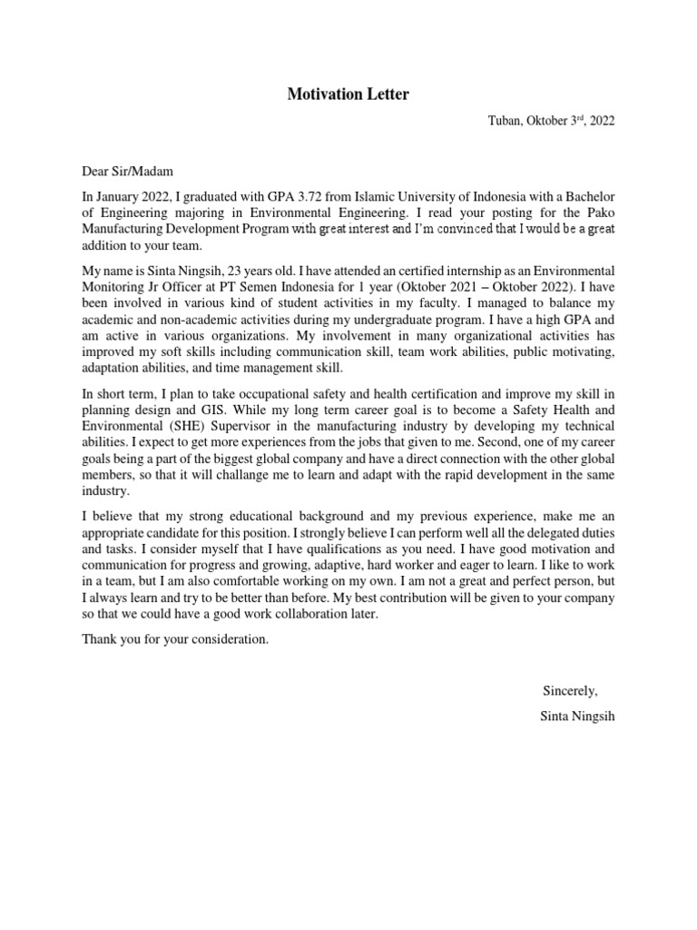 Motivation Letter | PDF | Motivation | Motivational