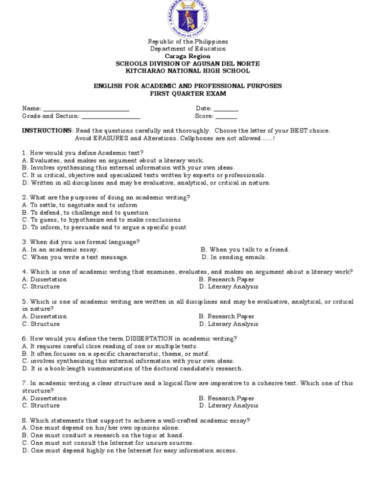 EAPP 1st Q-Exam | PDF | Essays | Thesis