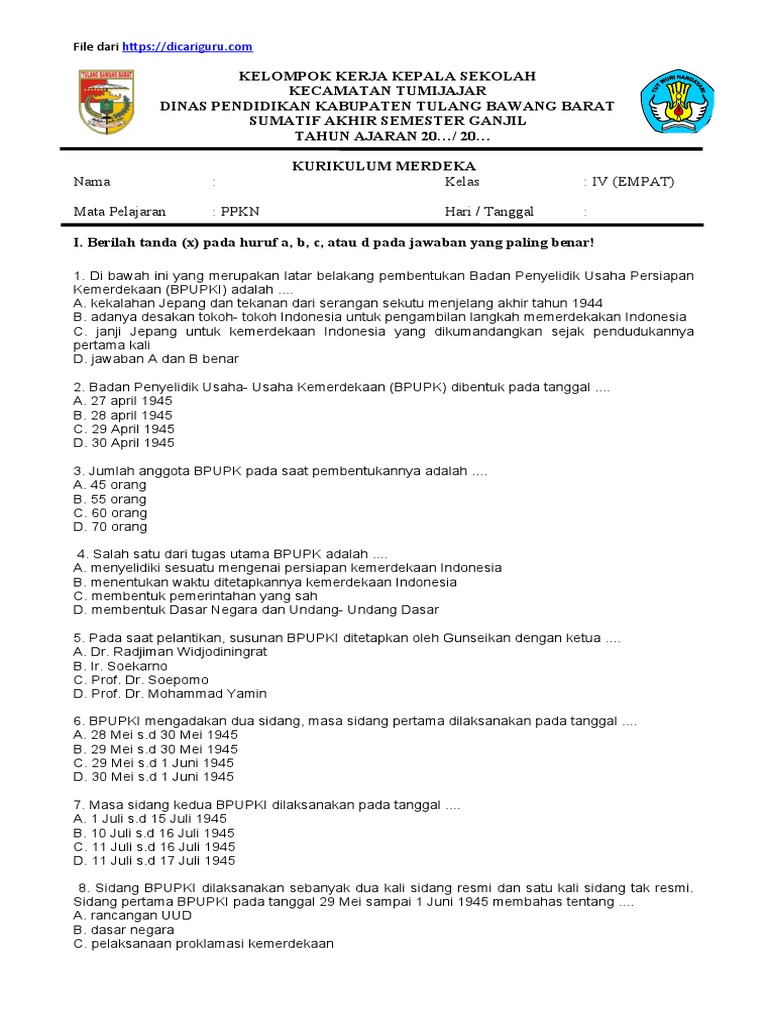 Soal PKN Kelas 4 SDN 1 Kurikulum Merdeka | PDF