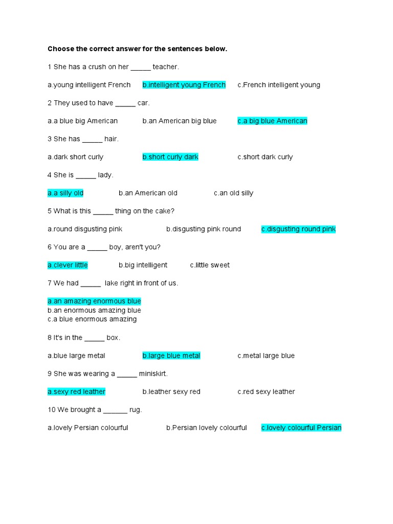Adjective Order Quiz Questions | PDF | Mystery, Thriller & Crime Fiction