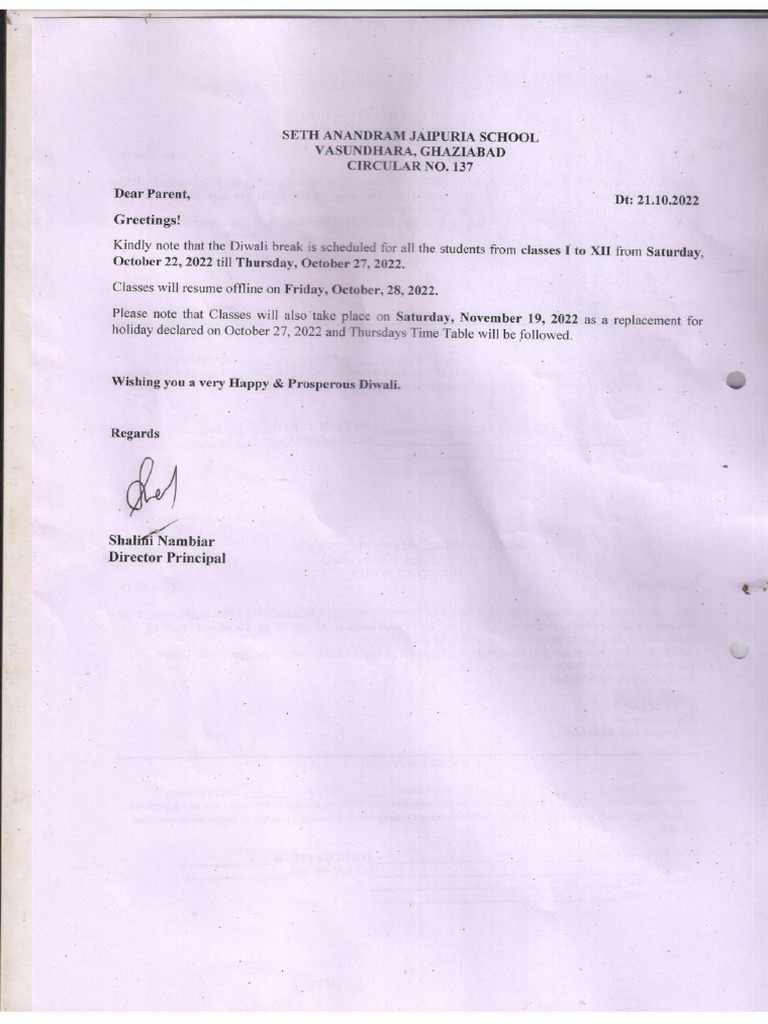 Circular 137, Diwali Break, I To XII | PDF