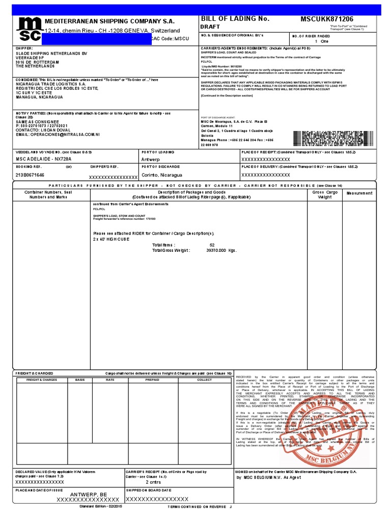 MSC Bill of Lading Draft Overview | PDF