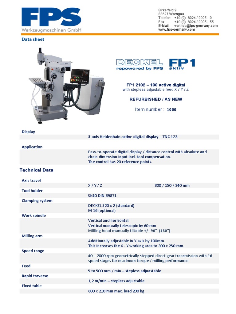 Data - Sheet - FP1 - 2102-100 - Active - Digital - 1060 (Refurb or Newer) | PDF | Manufactured ...