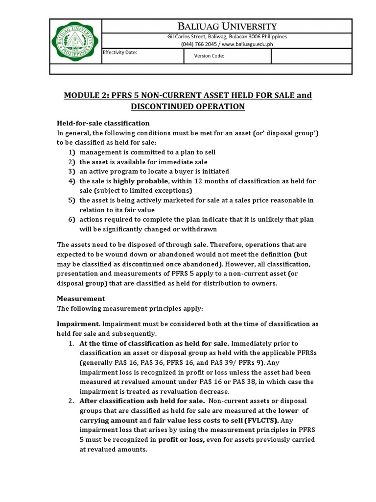 MODULE 2 PFRS 5 Asset Held For Sale and Discontinued Operation | PDF ...