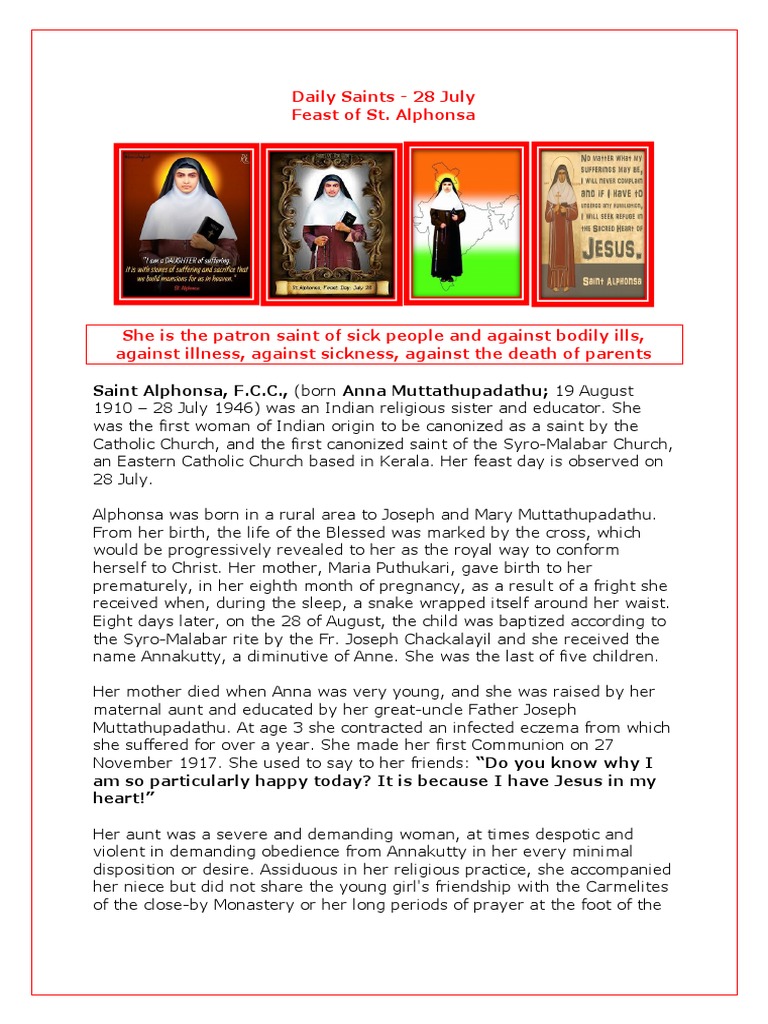 Daily Saints - July 28 - St. Alphonsa | Download Free PDF | Catholic Church