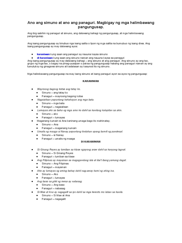 Ano Ang Simuno at Ano Ang Panaguri. Magbigay NG Mga Halimbawang ...