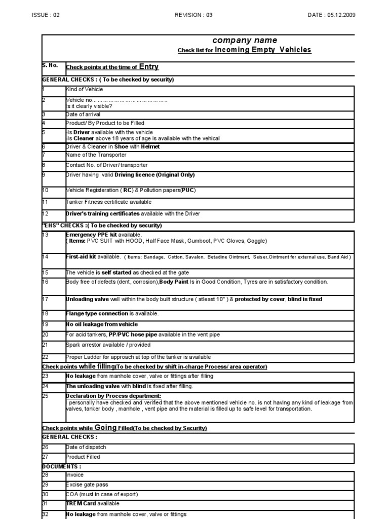 Tanker Checklist Incoming Empty | Oil Tanker | Valve