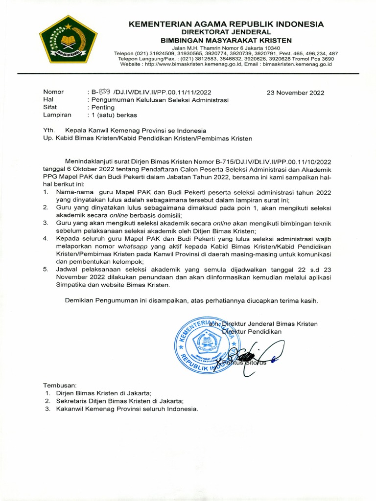 Surat Kelulusan Seleksi Administrasi | PDF