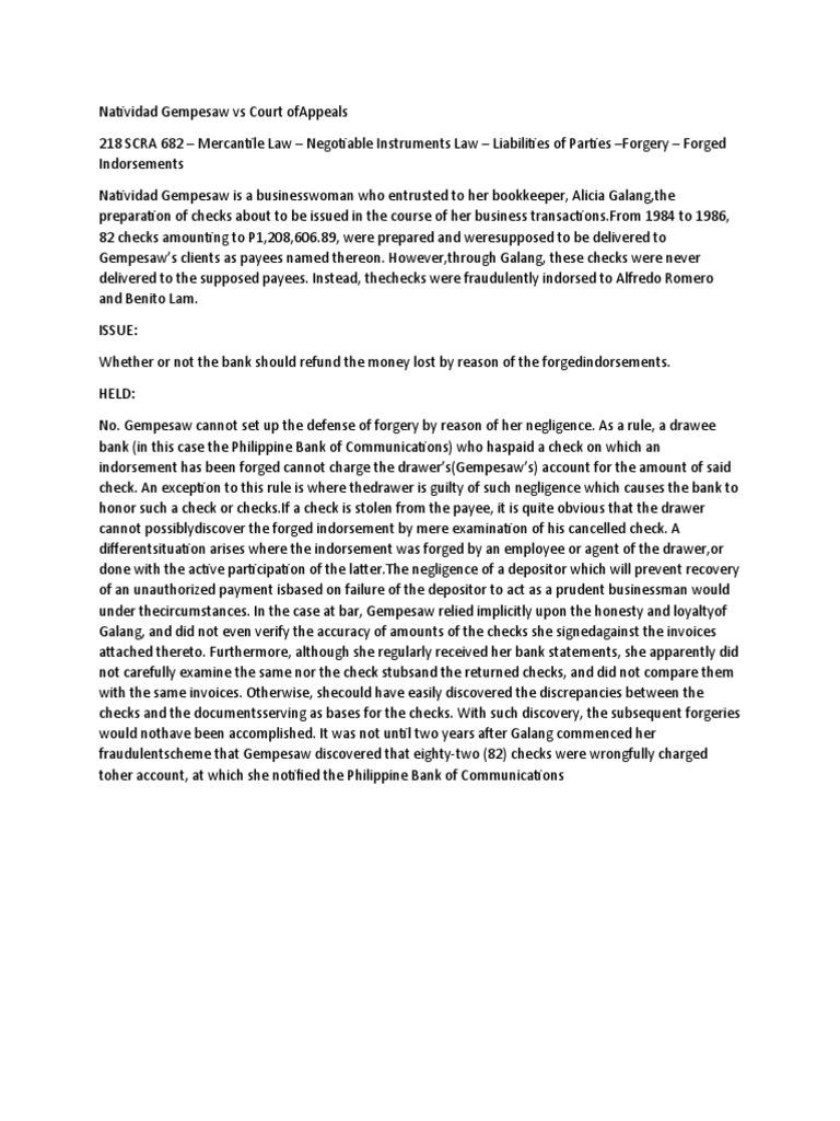 Natividad Gempesaw Vs Court Ofappeals | PDF | Cheque | Payments