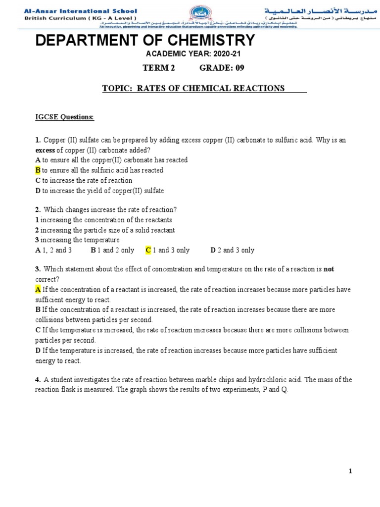 Chem G-9 Lesson 7 IGCSE Qs - Rates of Reaction | PDF | Reaction Rate ...