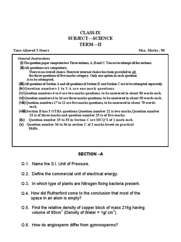 Ix-Practice Paper-Science-Set-3 | PDF | Density | Atoms