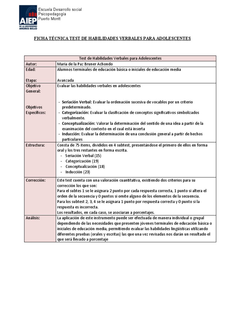 FICHA TÉCNICA Test de Habilidades Verbales para Adolescentes | PDF