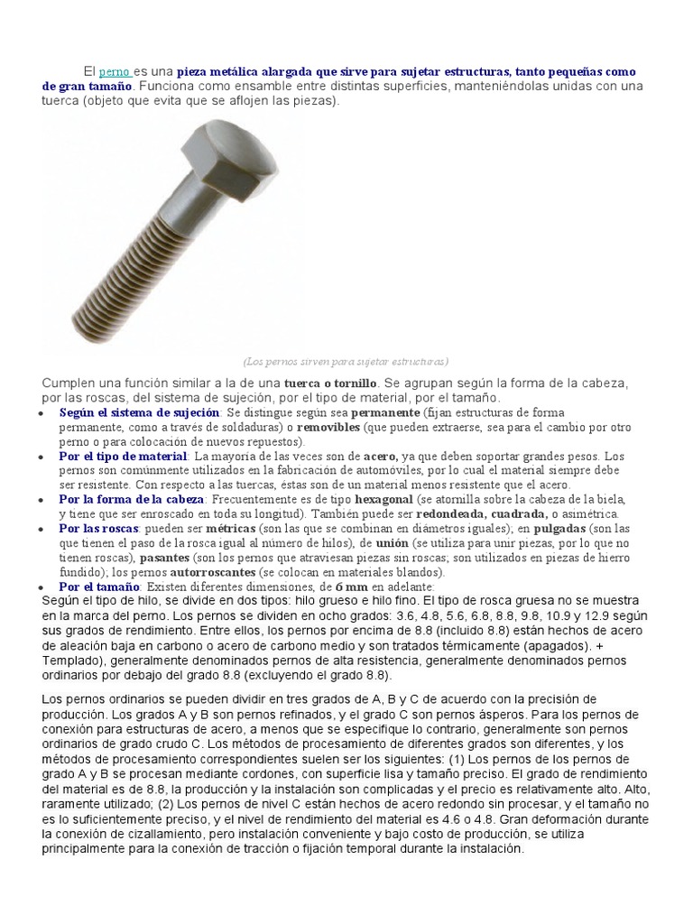 Tipos y Usos de Pernos Metálicos | PDF | Tornillo | Rieles