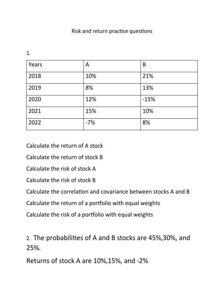 Risk and Return Practice Questions | PDF | Standard Deviation | Mean