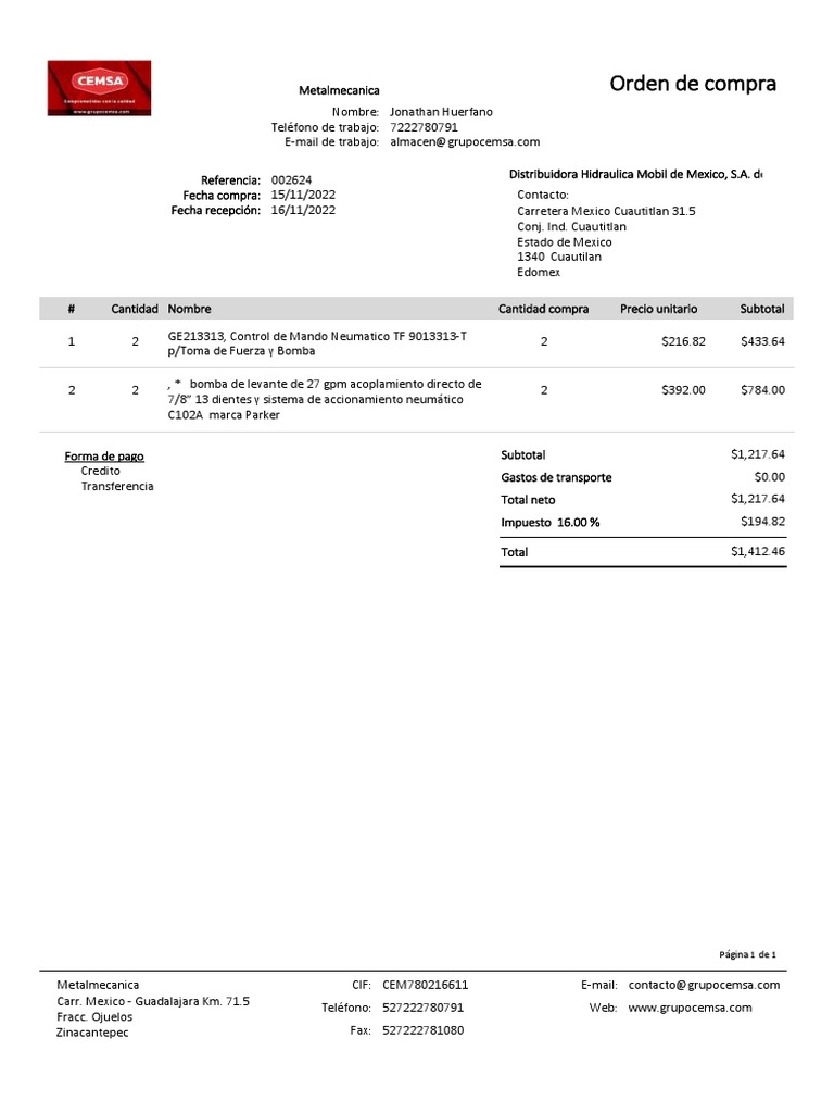 Orden de Compra (002624, Distribuidora Hidraulica Mobil de Mexico, S.A. de C.V.) 2022-11-23 17 ...
