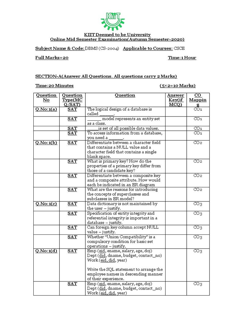 DBMS Mid Sem 2020 (Autumn) | PDF | Databases | Relational Model
