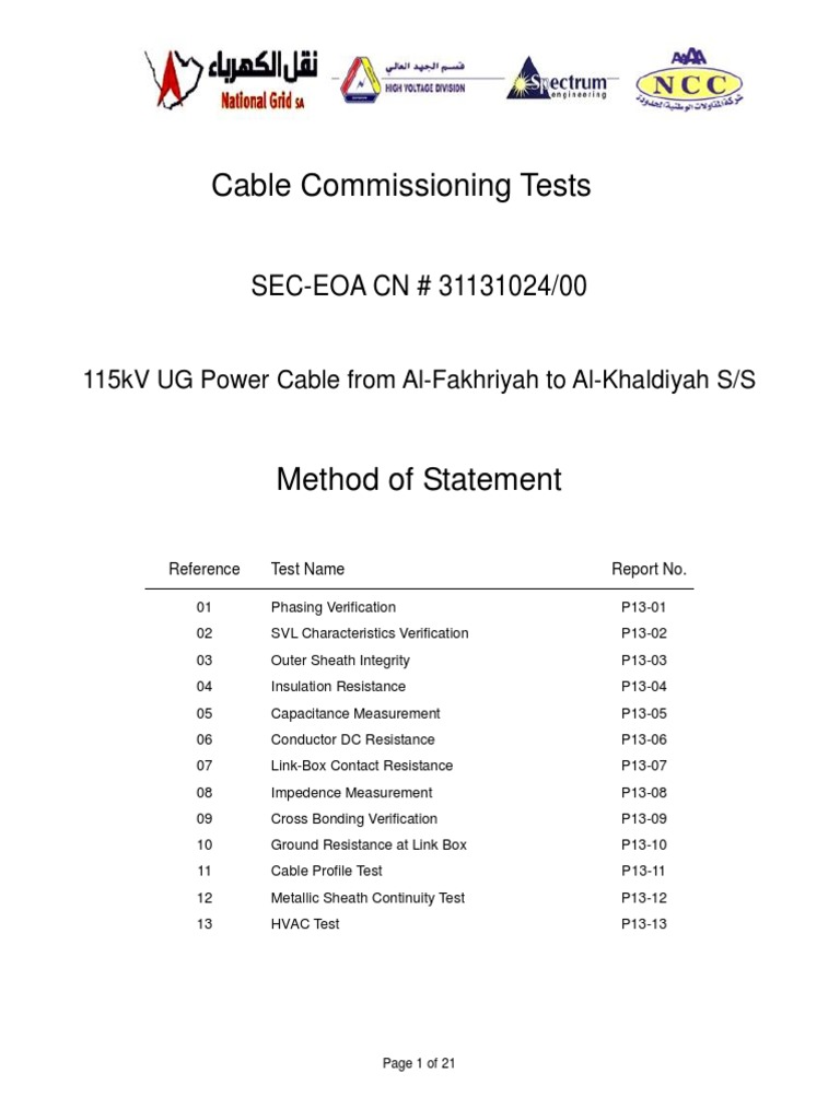 Method Statement Cable Commissioning Tests For 115kkv Cable Pdf