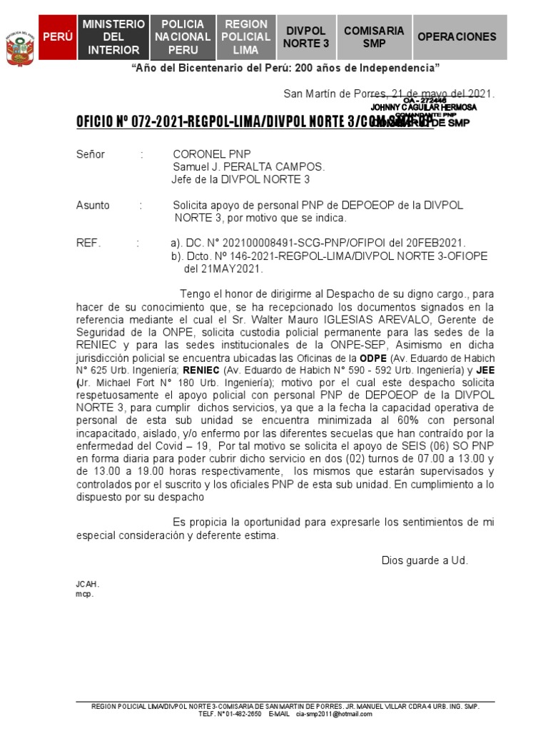 Oficio Solicita Apoyo de Personal de Depoeop y Deppapie de La Divpol ...