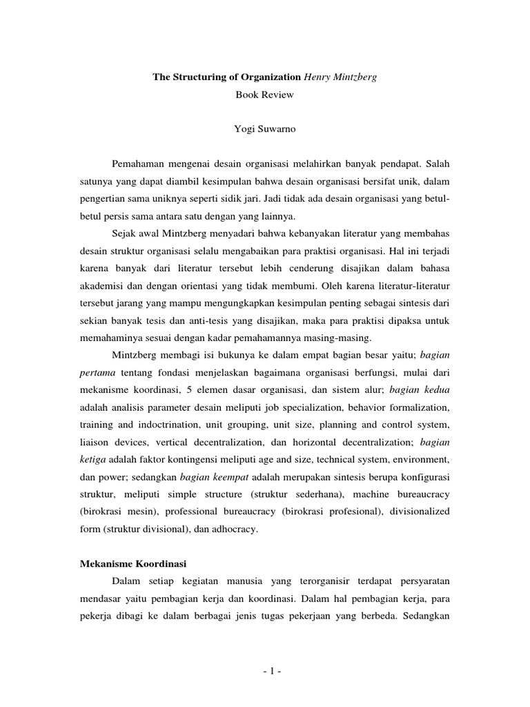 The Structuring of Organization Henry Mintzberg Book Review. Yogi Suwarno | PDF