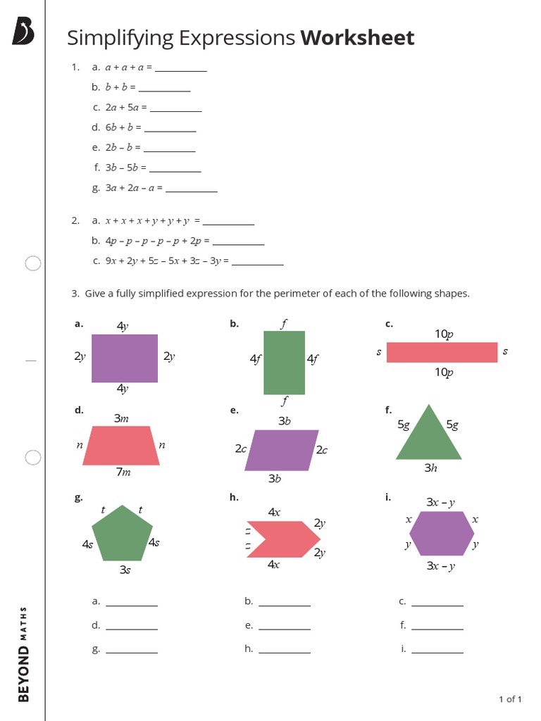 Simplifying Expressions Worksheet | PDF