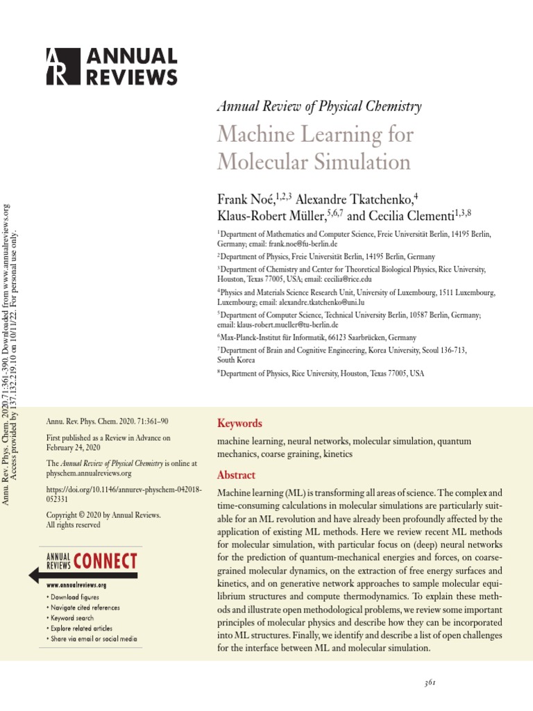 Noe 2020 Machine Learning For Molecular Simu | PDF | Molecular Dynamics ...
