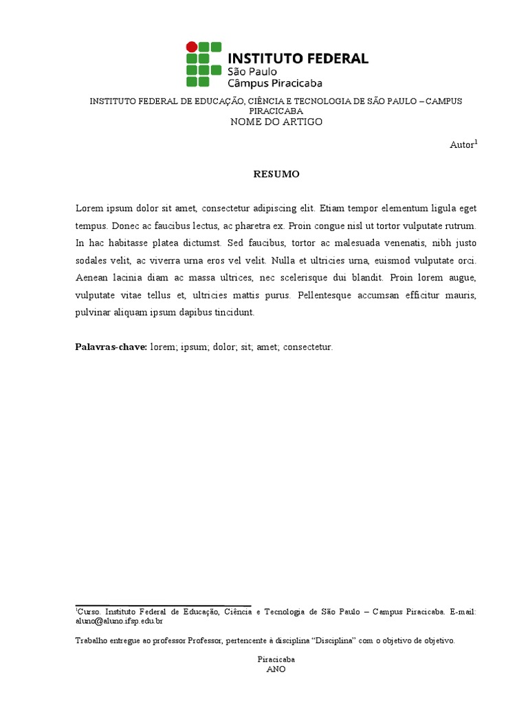 Modelo ABNT de Artigo Instituto Federal de São Paulo (IFSP) - Campus Piracicaba | PDF