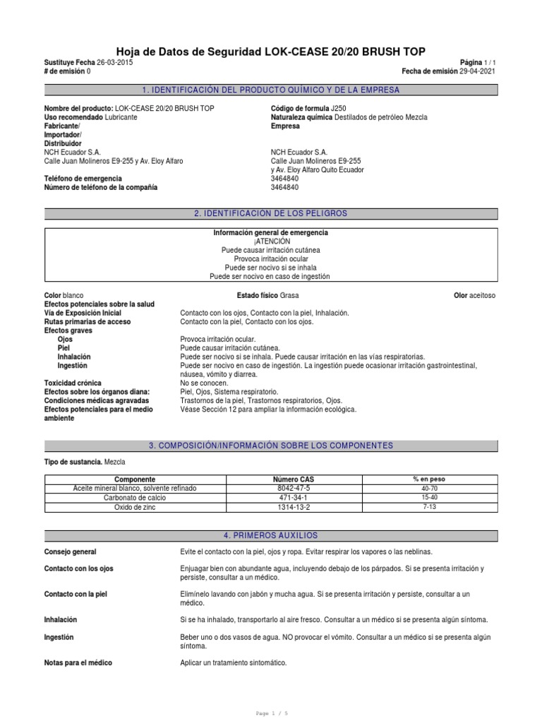 Hoja de Datos de Seguridad LOK-CEASE 20 - 20 BRUSH TOP Sustituye Fecha ...