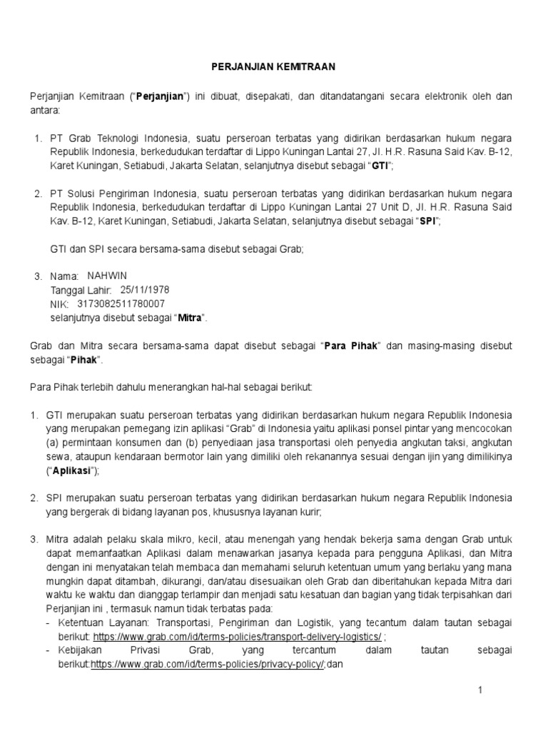 Perjanjian Kemitraan Grab Spi Pdf