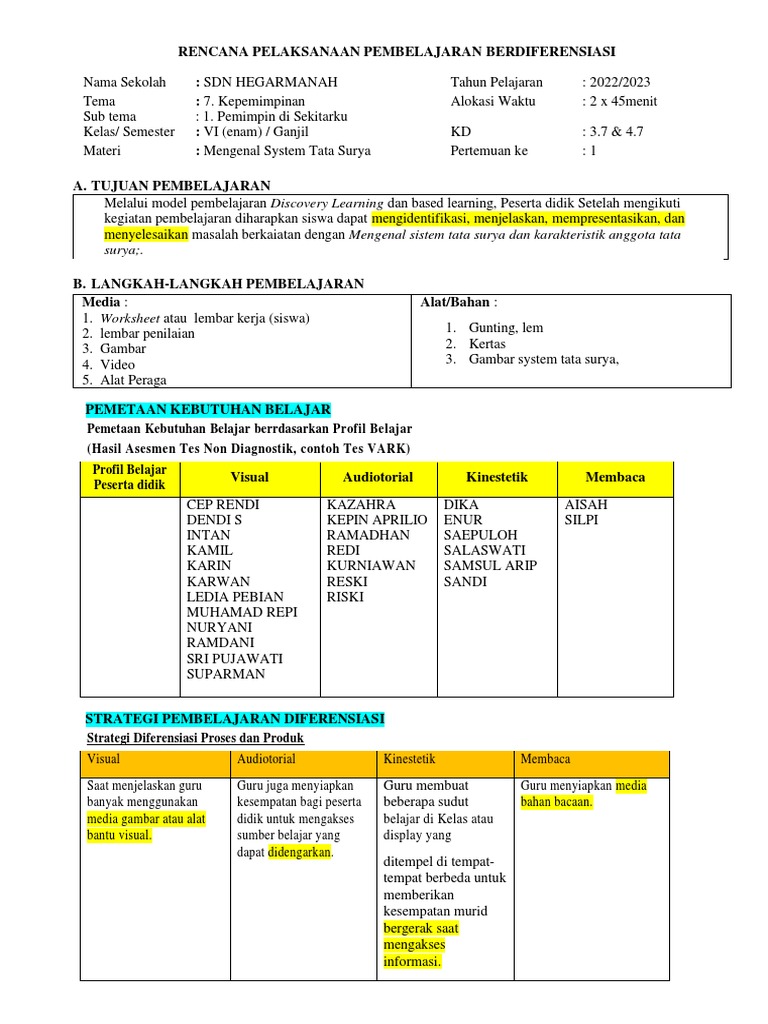 RPP Kelas 6 Berdiferensiasi Proses Dan Produk | PDF