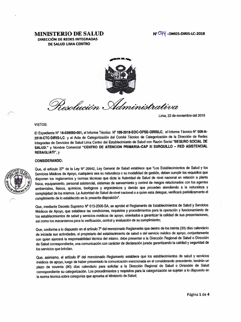 RESOLUCION IPRESS CENTRO DE ATENCION CAP III Surquillo | PDF